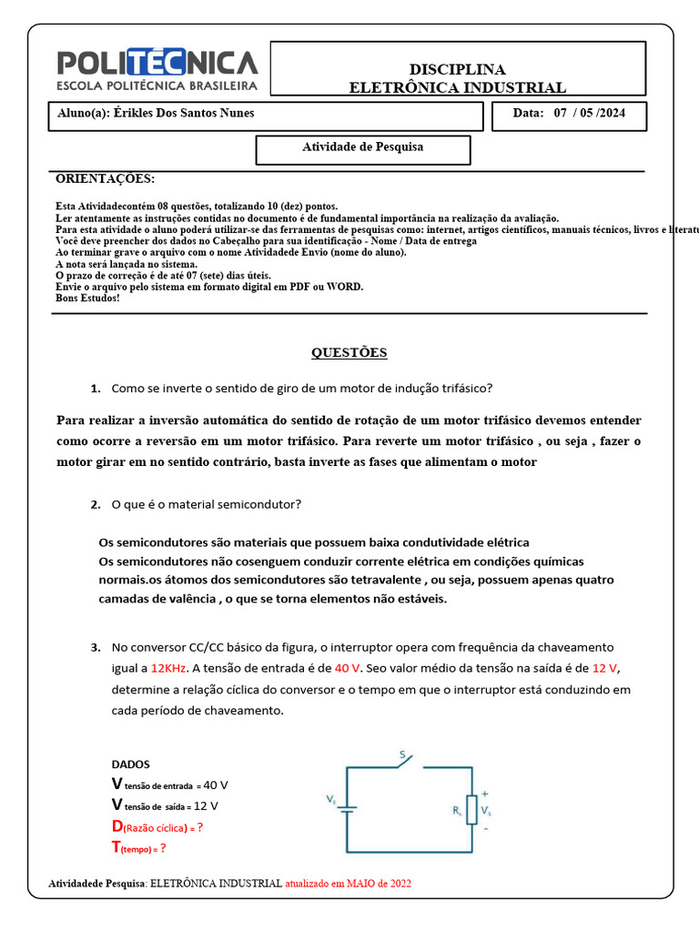 Atividade de Pesquisa - Eletrônica Industrial 2024 | PDF | Ciências Físicas | Eletrônicos
