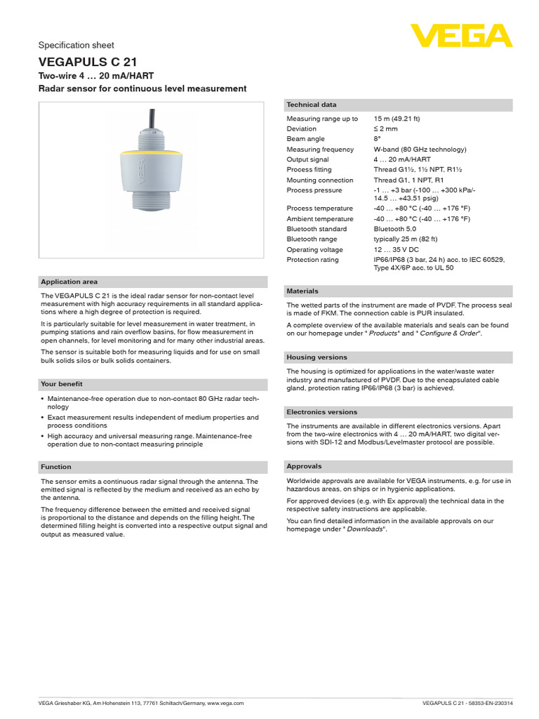 EN Specification Sheet VEGAPULS C 21 Two Wire 4 20 Ma HART | PDF | Electrical Engineering ...