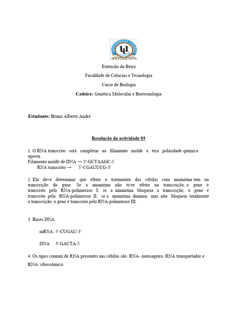 Bruno Andre - Gmb.actividade 03 | Download grátis PDF | RNA | Gene