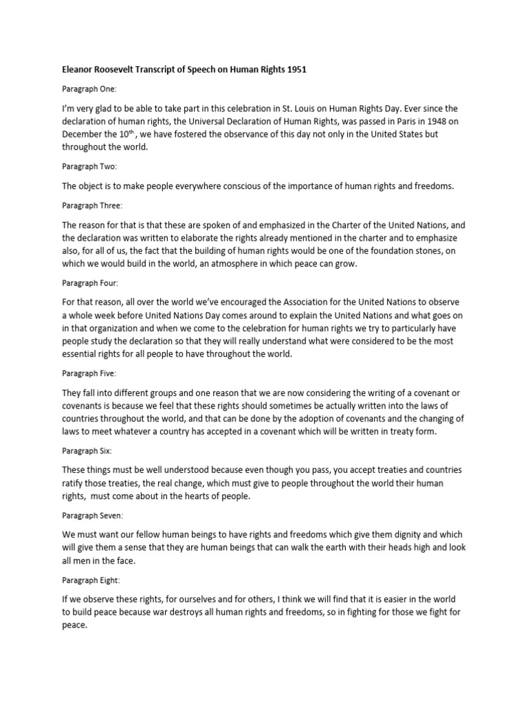 Eleanor Roosevelt Transcript of Speech On Human Rights 1951 | PDF | Human Rights | Reason