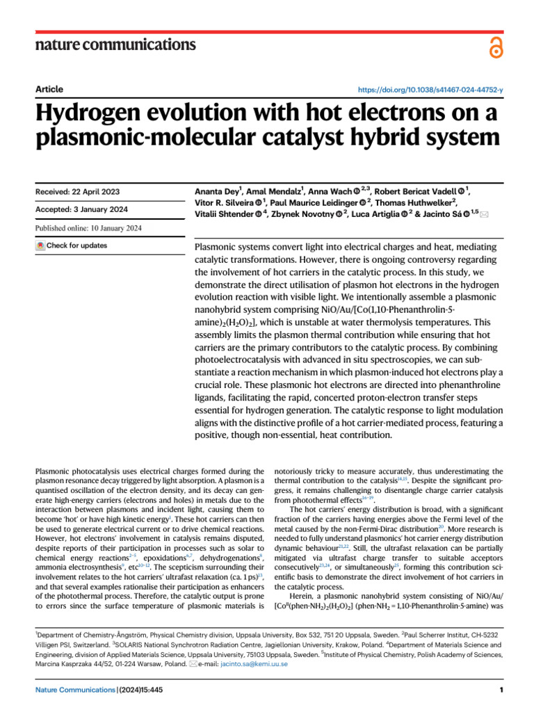 Hydrogen Evolution With Hot Electrons On A Plasmonic-Molecular Catalyst Hybrid System | PDF ...