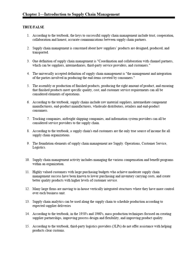 5e Chapter 1 Test Questions | PDF | Supply Chain | Supply Chain Management