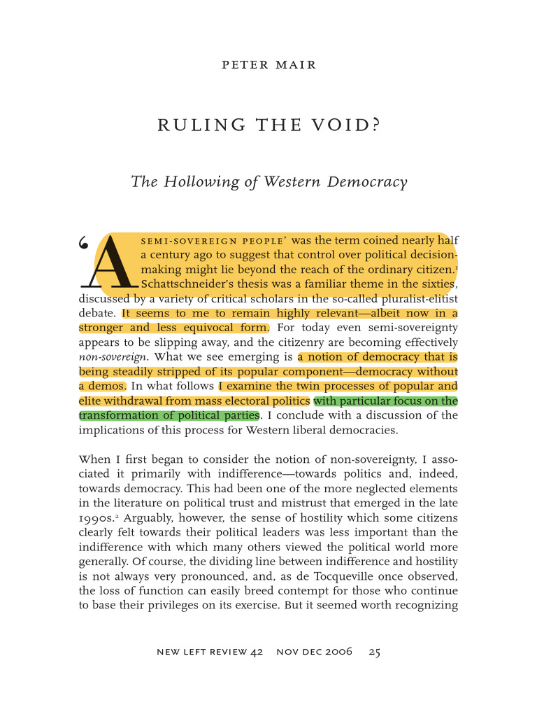 Peter Mair, Ruling The Void - 2005 | PDF | Democracy | Political Ideologies