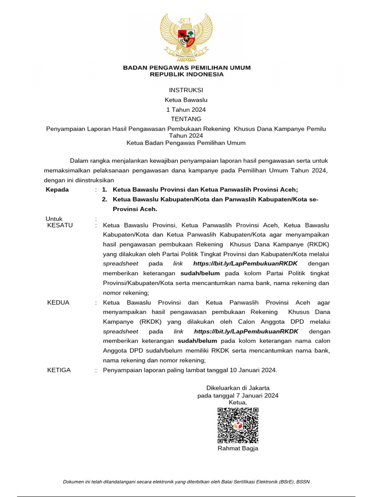 Instruksi Ketua Tentang Penyampaian Laporan Pengawasan Pembukaan RKDK | PDF