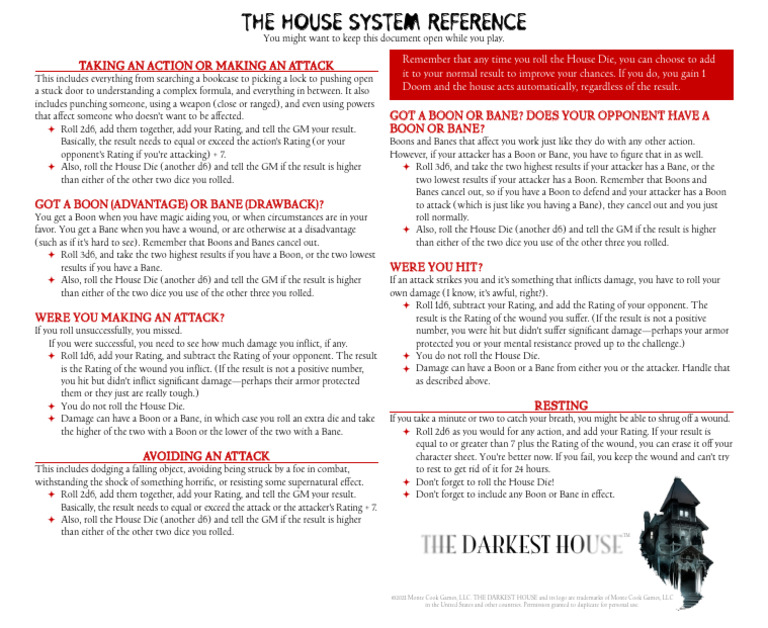 The House System Reference Sheet For Players | PDF | Tabletop Games