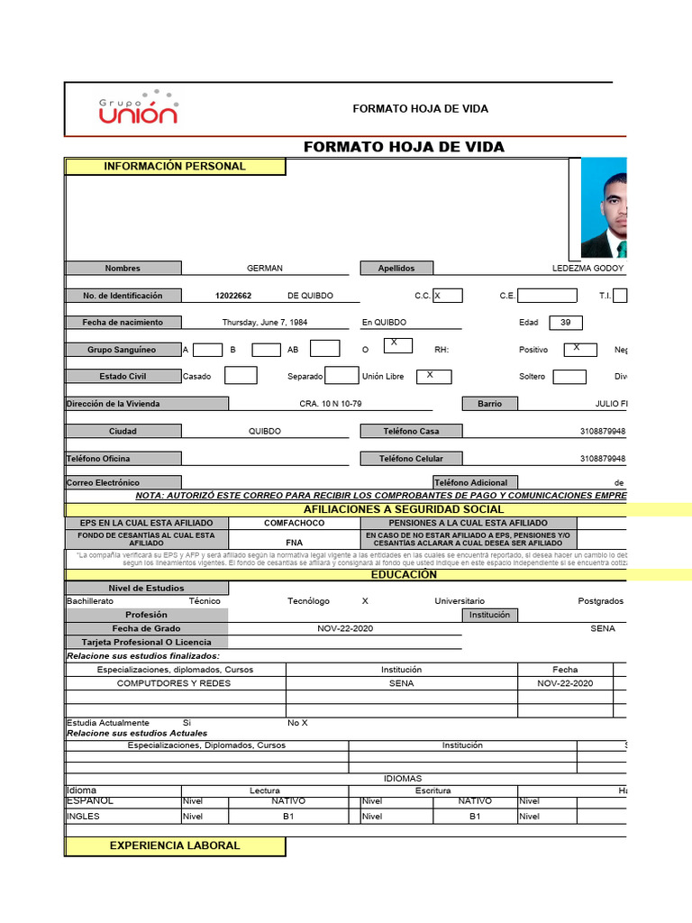 F TH 29 Formato Hoja de Vida Institucional Union1 D.XLSM | PDF | Documento de identidad
