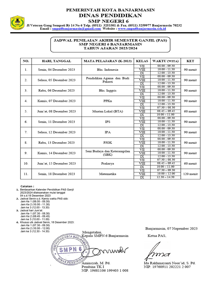Jadwal Pas Ganjil Tapel 2023-2024-SMPN 6 BJM | PDF