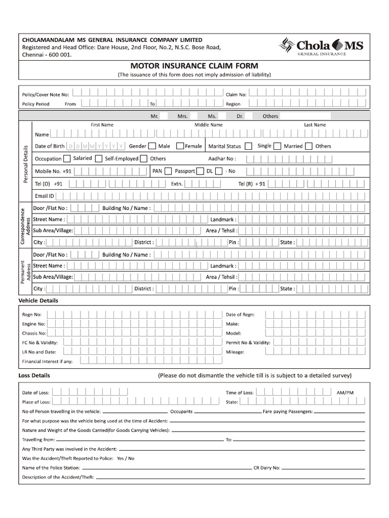 Chola - Claim Form With Sign Cross | PDF