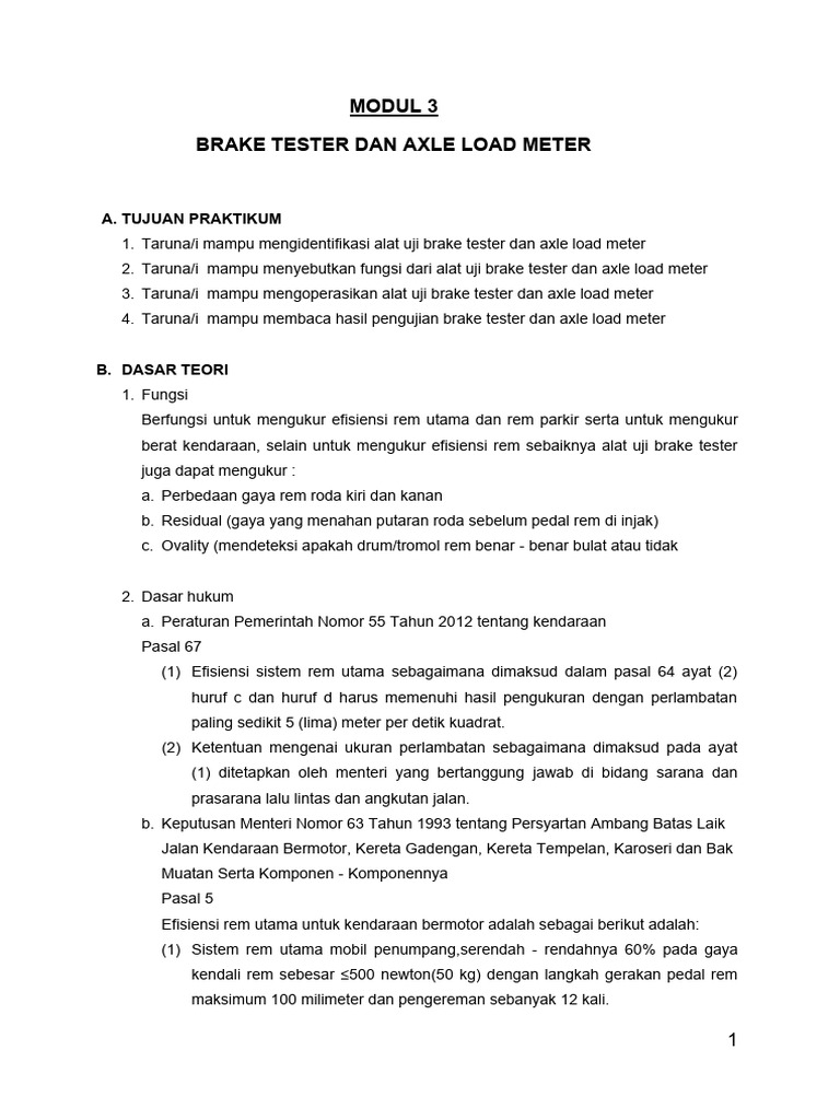 MODUL 7 Brake Tester Dan Axle Load Meter (Ok) | PDF | Teknologi & Rekayasa