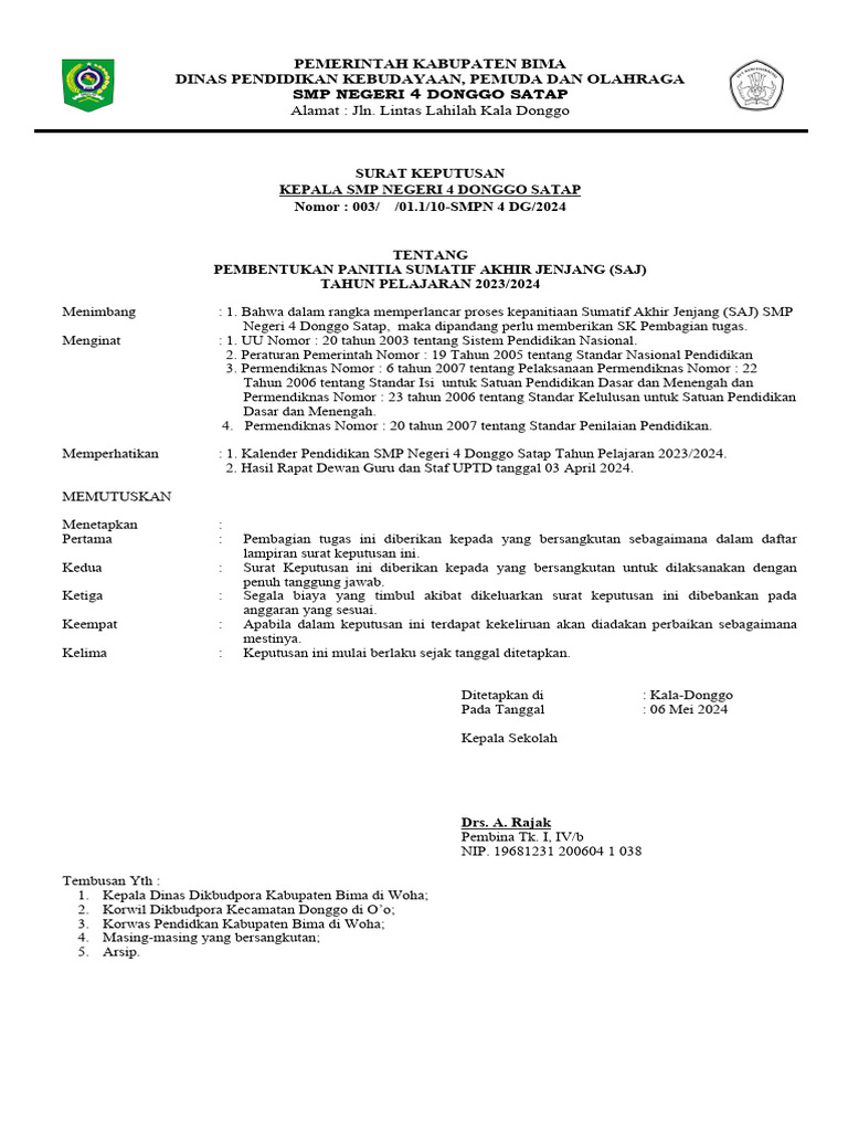 SK Panitia SAJ SMPN 4 Donggo Satap 2024 | PDF | Kesehatan Holistik