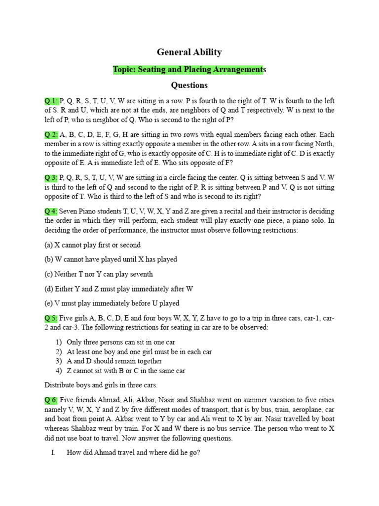 Seating and Arrangement Puzzles Explained | PDF