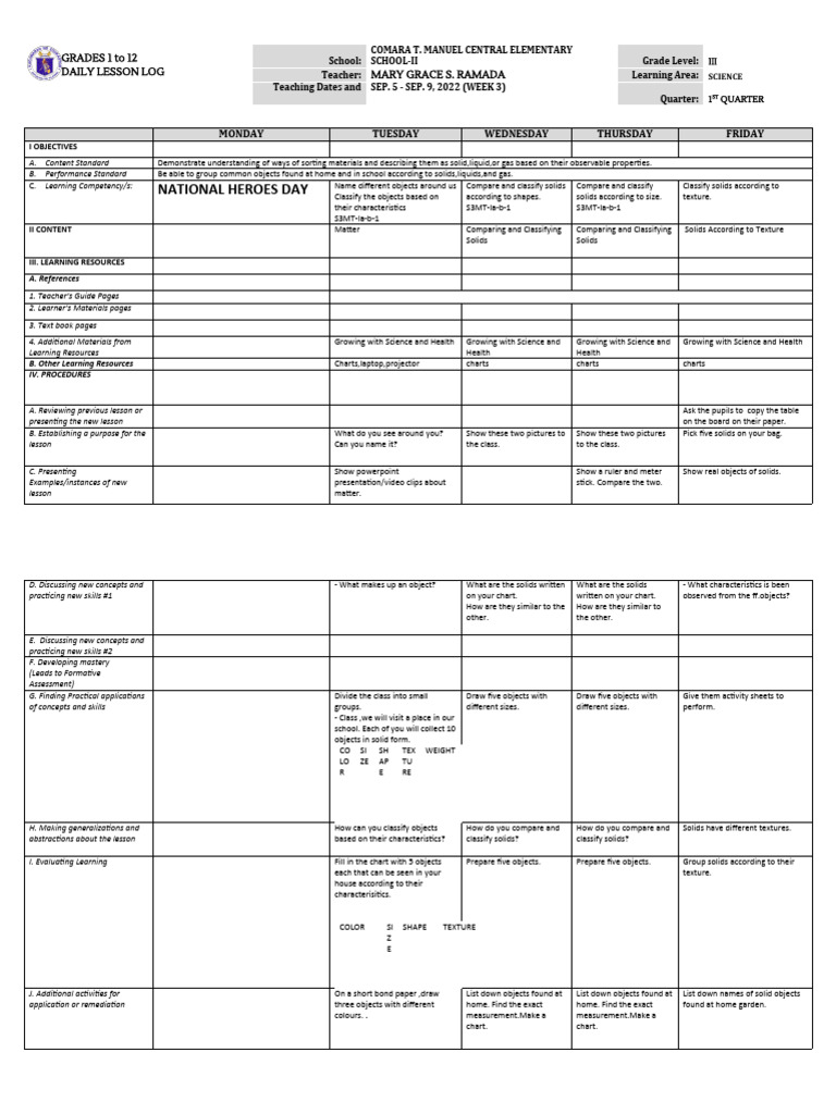 DLL_SCIENCE 3_Q1_W1 | PDF | Learning | Teachers
