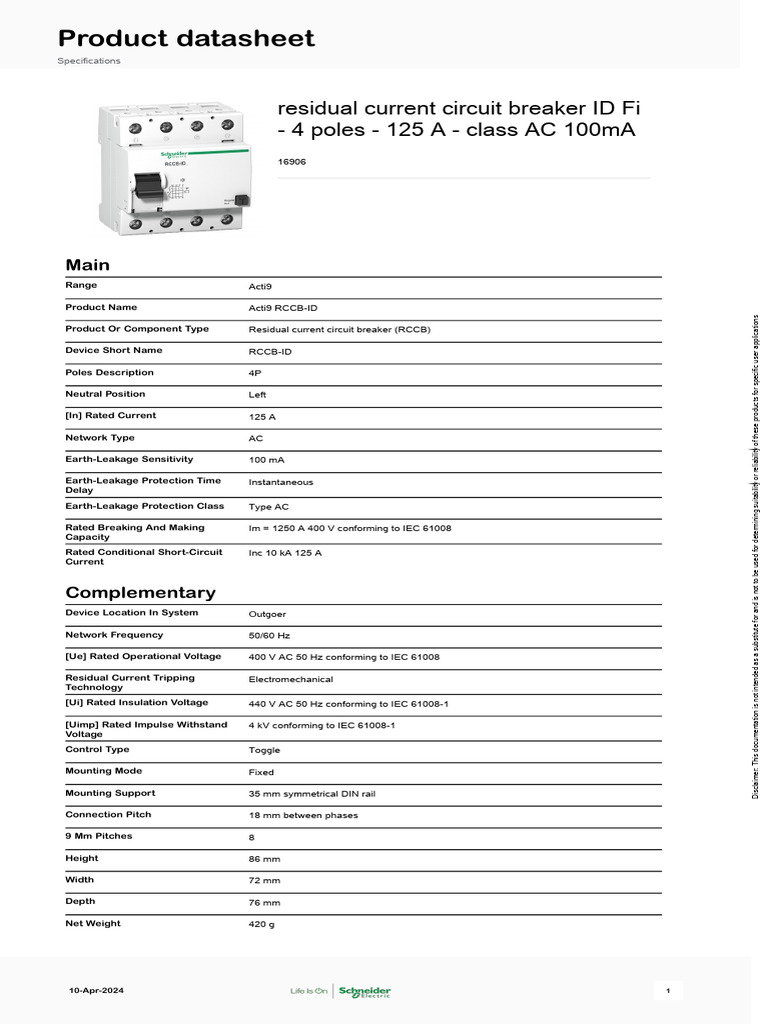Schneider Electric - ID-RCCB-Residual-Current-Circuit-Breaker - 16906 ...