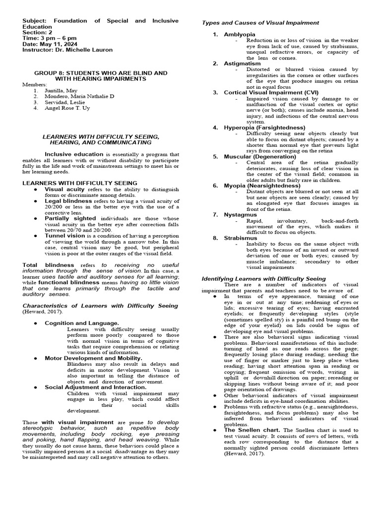 SPED Factsheet Final | PDF | Hearing Loss | Visual Impairment