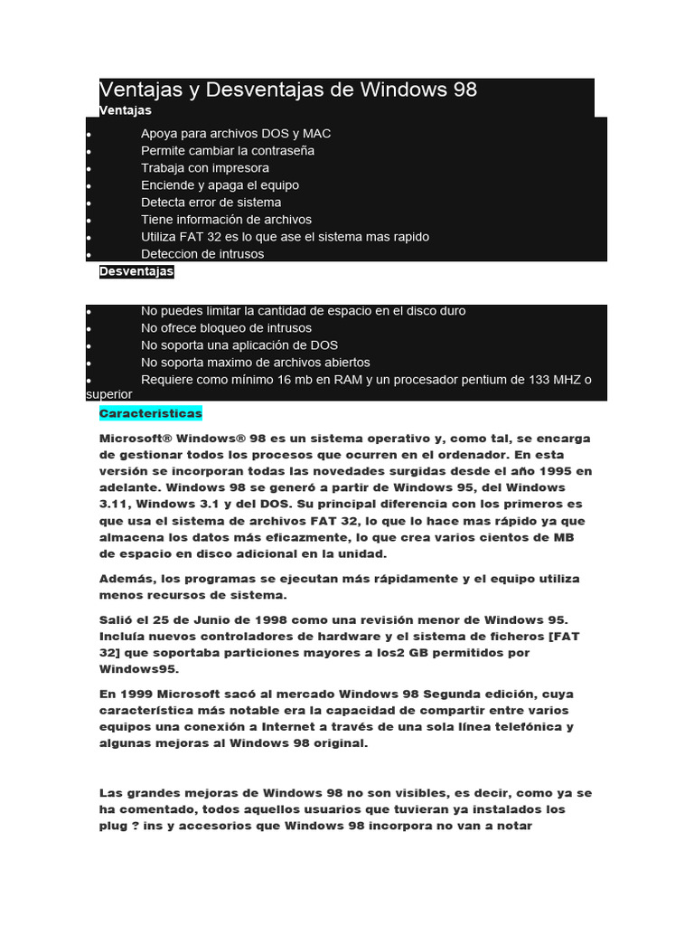 Ventajas y Desventajas de Windows 98 | PDF | Microsoft Windows | Dos