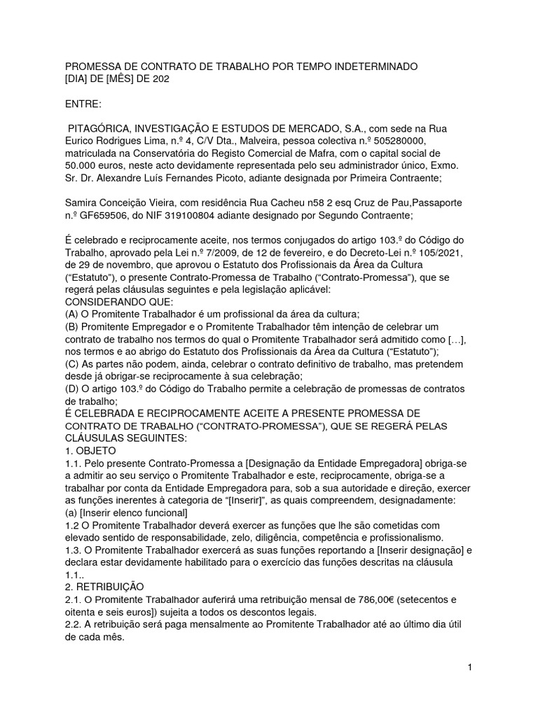 Promessa de Contrato de Trabalho | Download grátis PDF | Férias trabalhistas | Direito Privado