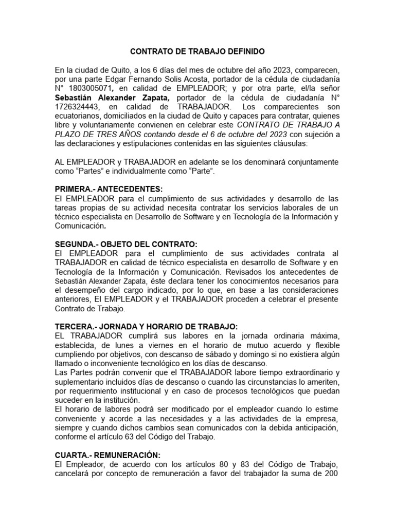 Contrato de Trabajo Definido Sebastian | PDF