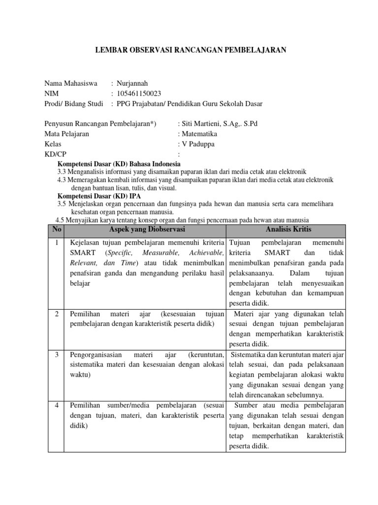 Lampiran 4. LK 3 Lembar Observasi Rancangan Pembelajaran 1 - Nurjannah ...