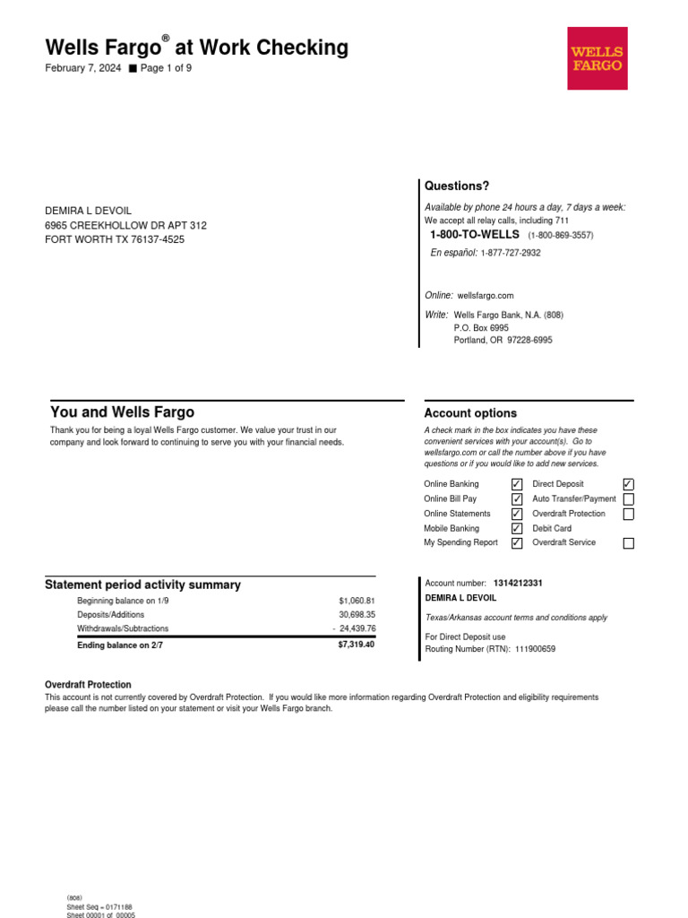 WELL FROGO bANK STATEMENT | PDF | Overdraft | Transaction Account
