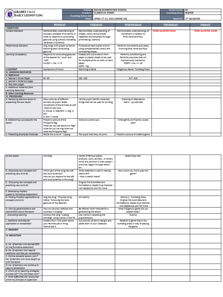 DLL Mapeh-3 Q3 W8 | PDF | Learning | Cognition