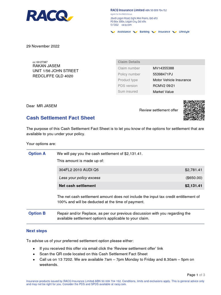 Cash Settlement Fact Sheet | PDF | Insurance | Cash