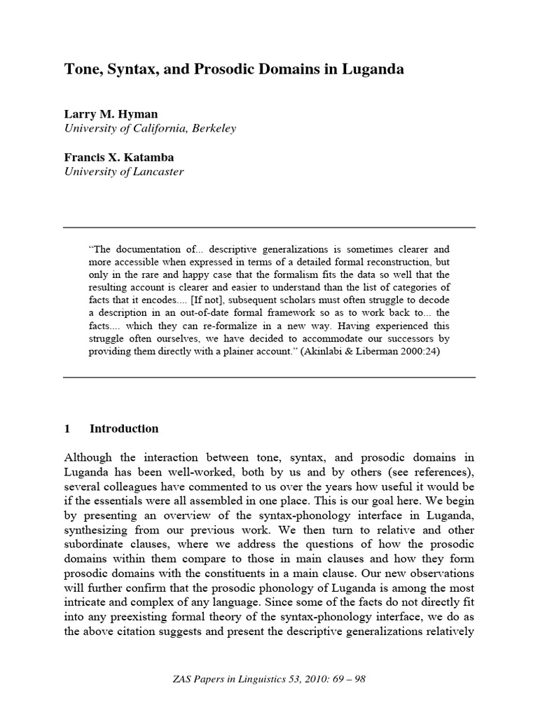 2010 Hyman Katamba Luganda | PDF | Tone (Linguistics) | Language Mechanics