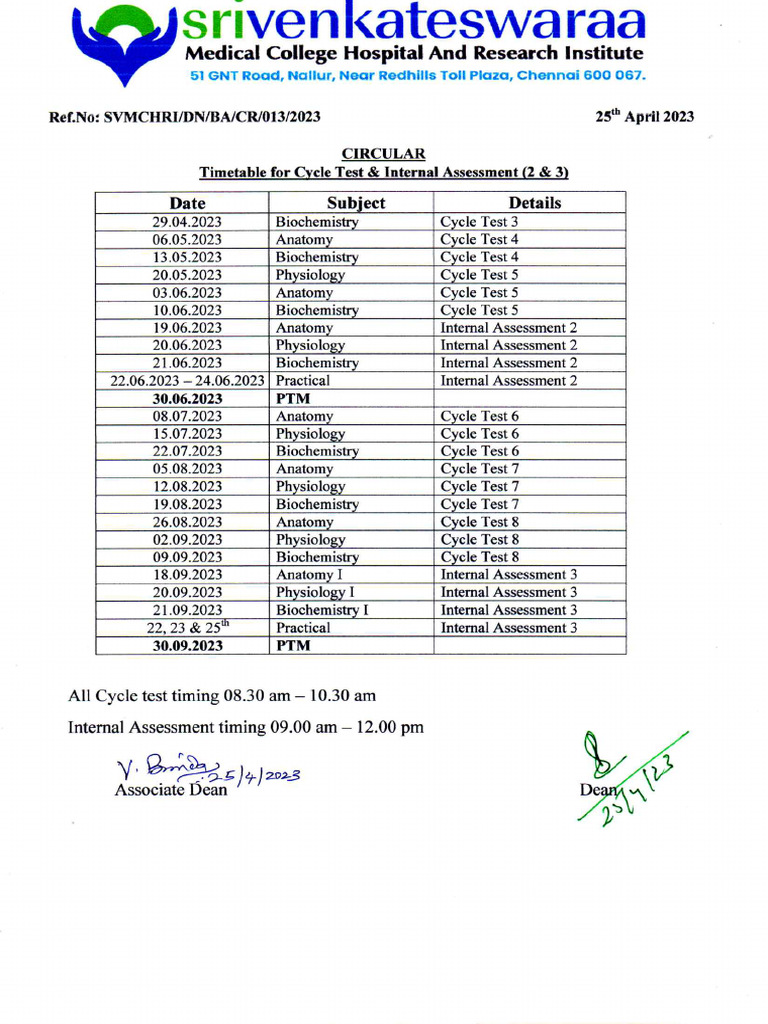 TimeTable For Cycle Test & Internal Assessment | PDF