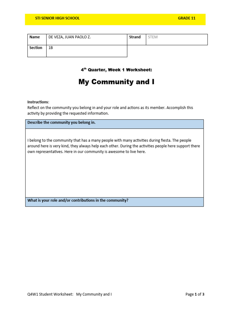 Community Engagement Reflection Worksheet | PDF