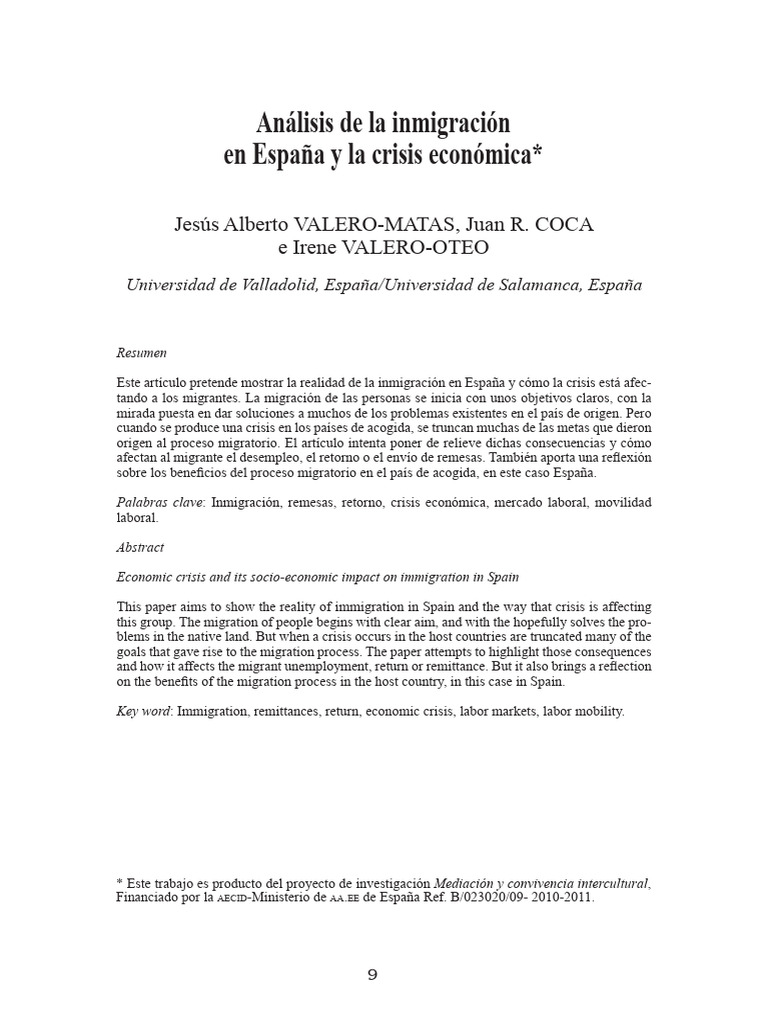 Análisis de La Inmigración en España y La Crisis Económica. VALERO ...