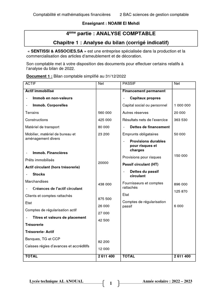 Analyse Du Bilan Exo Corrigé | PDF | Comptabilité | Bilan comptable