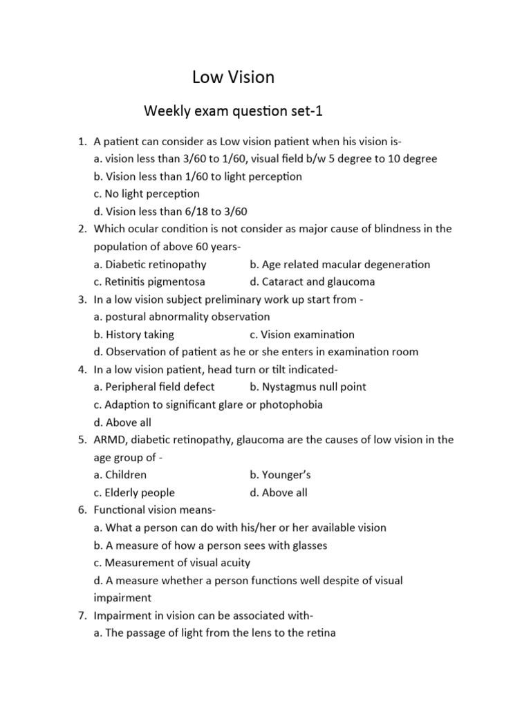 Low Vision Weekly Exam Question Set-1 | PDF | Visual Impairment ...
