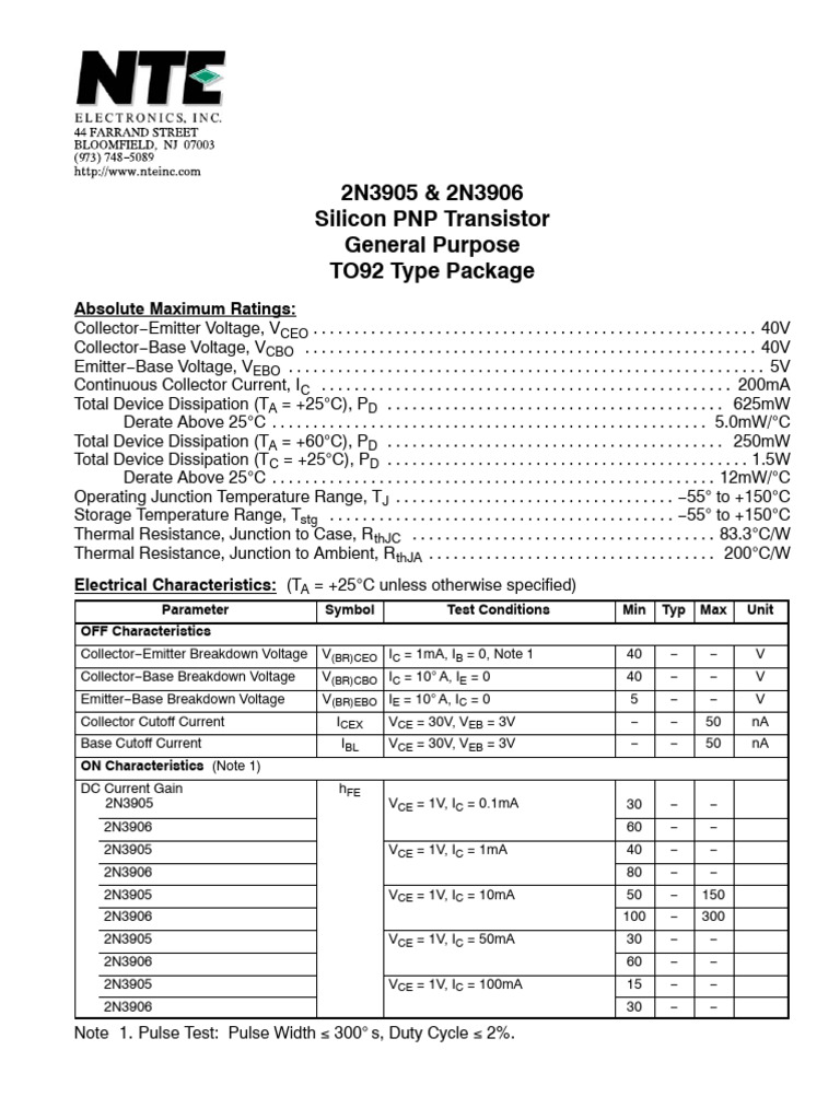 2N3905-NTE | PDF | Bipolar Junction Transistor | Electrical Engineering