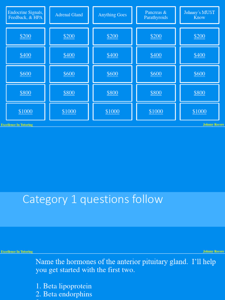 Pathophys Jeopardy - Endocrine | PDF | Adrenal Gland | Pituitary Gland