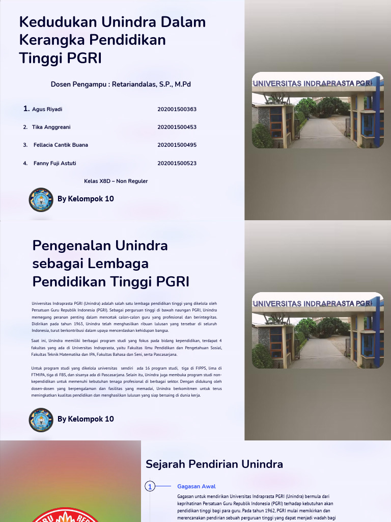 KELOMPOK 10 - Kedudukan Unindra Dalam Kerangka Pendidikan Tinggi PGRI - KELAS X8D | PDF
