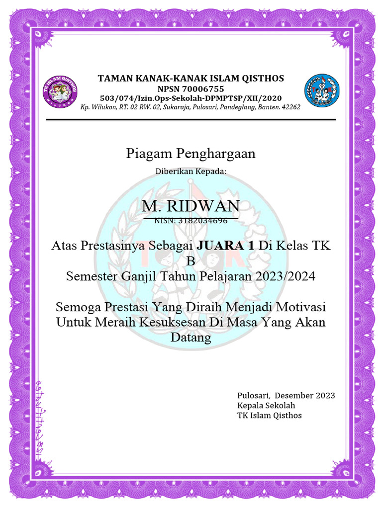 Piagam Penghargaan TK | PDF