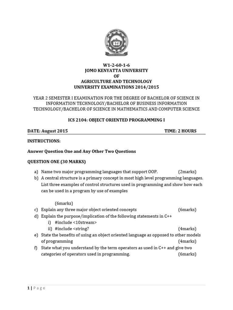 Ics 2104 Westlands 2015 August-1 | PDF | Object Oriented Programming | Computer Programming