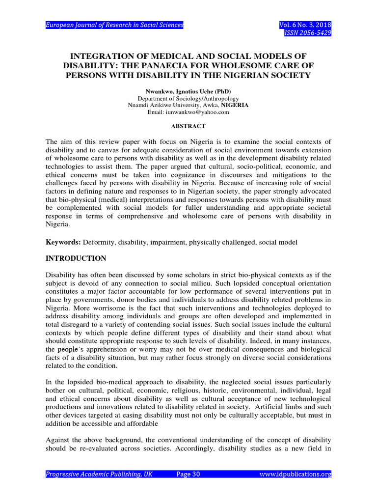 Full Paper INTEGRATION OF MEDICAL AND SOCIAL MODELS OF DISABILITY THE ...