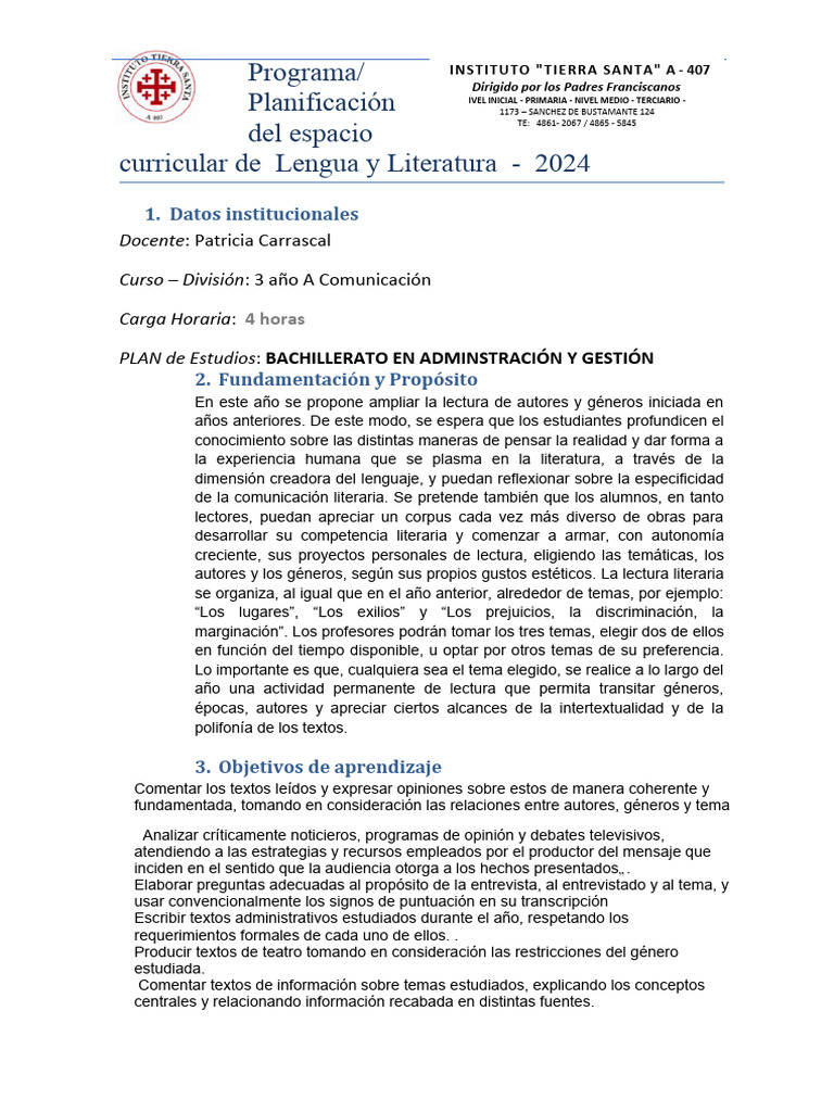 Planificación Curricular 2024: Lengua y Literatura | PDF | Palabra | Verbo