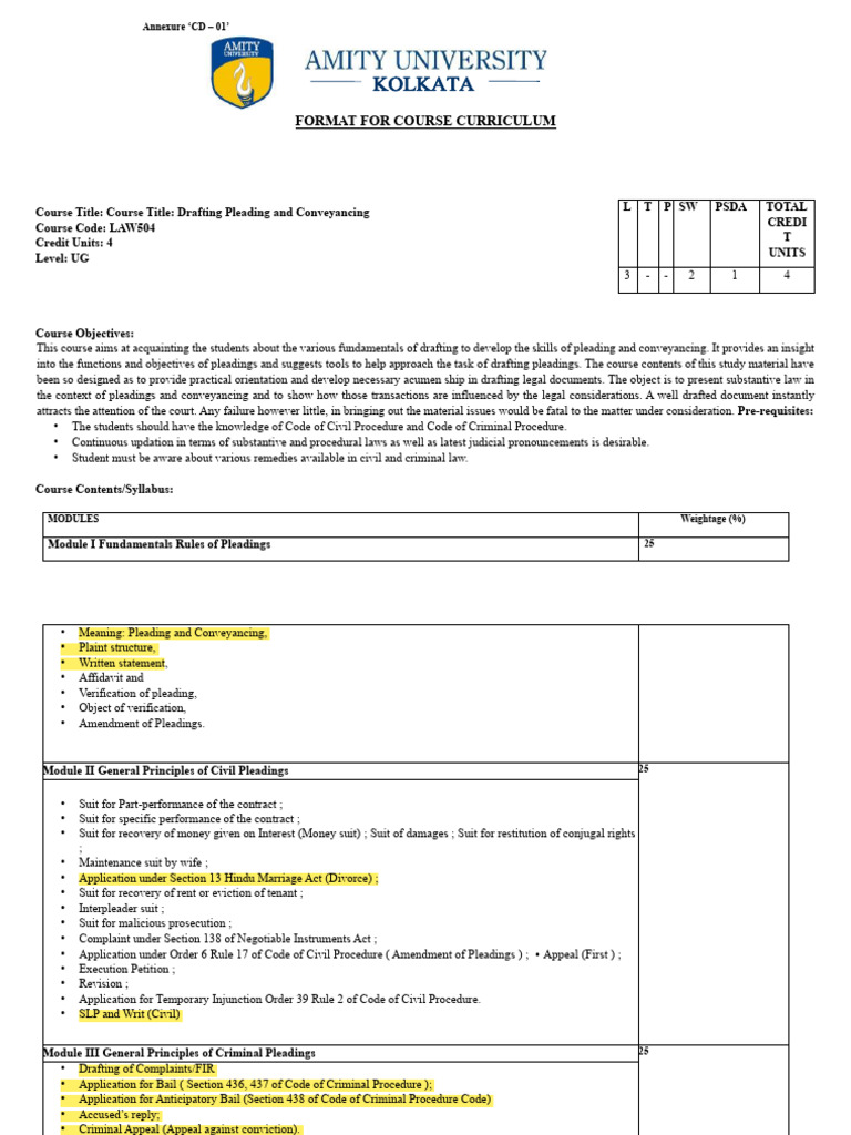Drafting Pleading and Conveyancing Syllabus | PDF | Lawsuit | Pleading Drafting Pleading and Conveyancing Syllabus | PDF | Lawsuit | Pleading