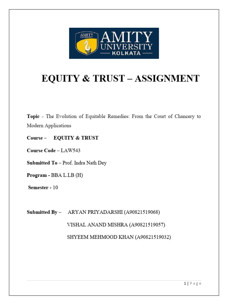 Equity Assignment - Aryan - Priyadarshi | PDF | Equity (Law) | Legal Remedy