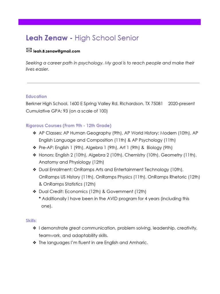 Leah Zenaw - Extended Resume | PDF | Advanced Placement