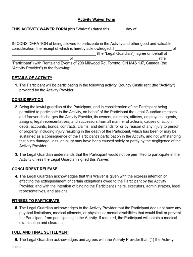 Bouncy Castle Activity Waiver | PDF | Consideration | Legal Guardian