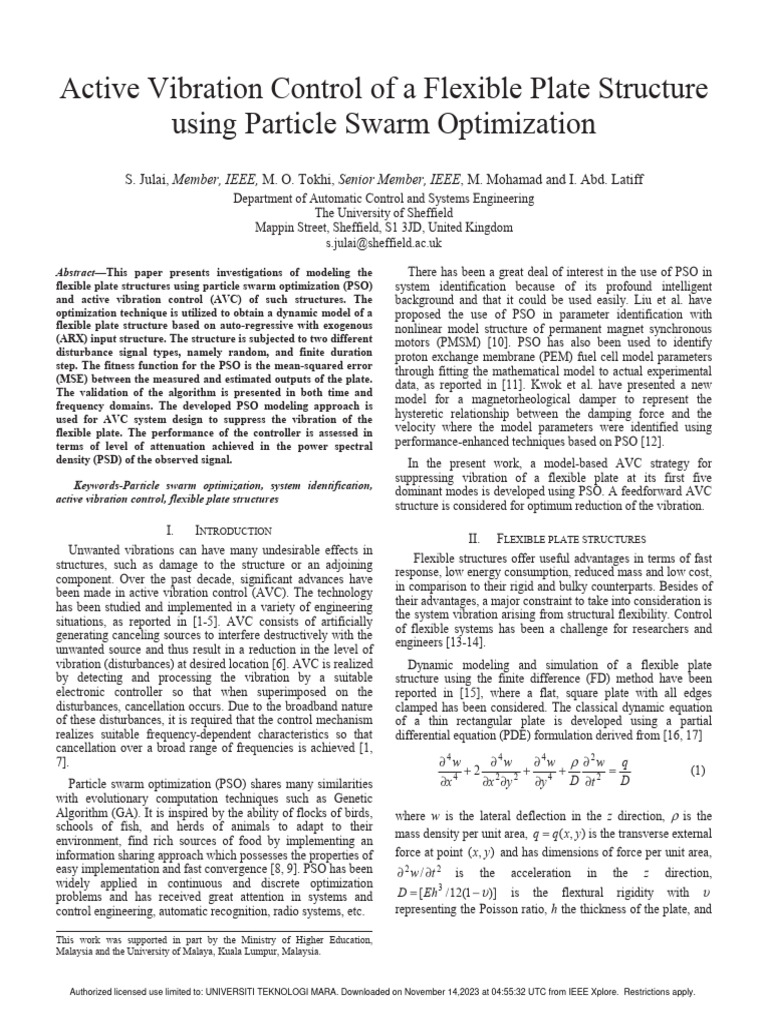 Active Vibration Control Of A Flexible Plate Structure Using Particle Swarm Optimization Pdf