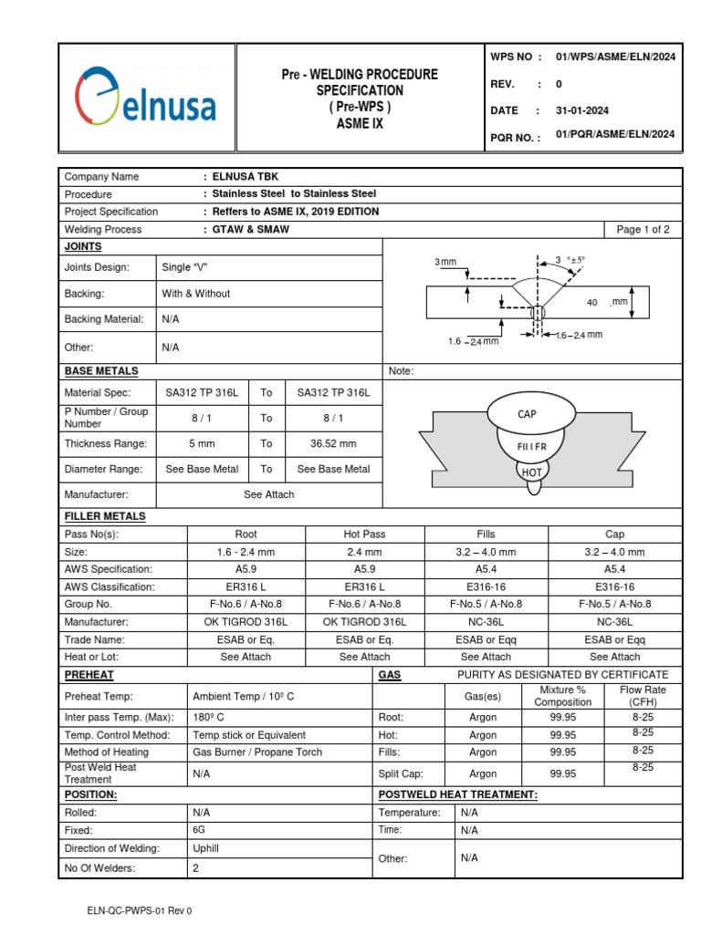 Pre-01-WPS-ASME-ELN-2024 - Stailess Steel | PDF | Welding | Construction