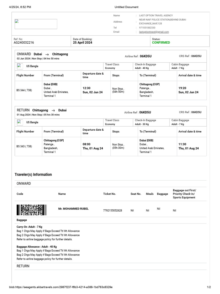 Onward: 25 April 2024 Dubai Chittagong 06KD5U | PDF | Baggage | Airlines