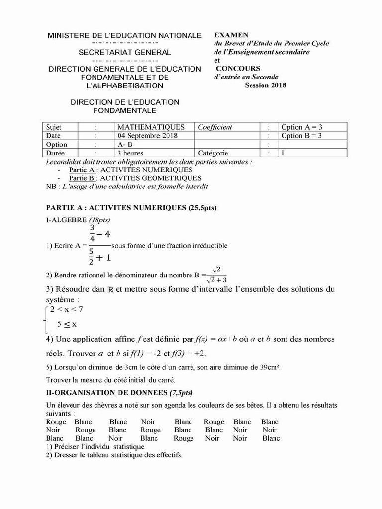 Sujet Bepc 2018 Mathematiques Madagascar | PDF