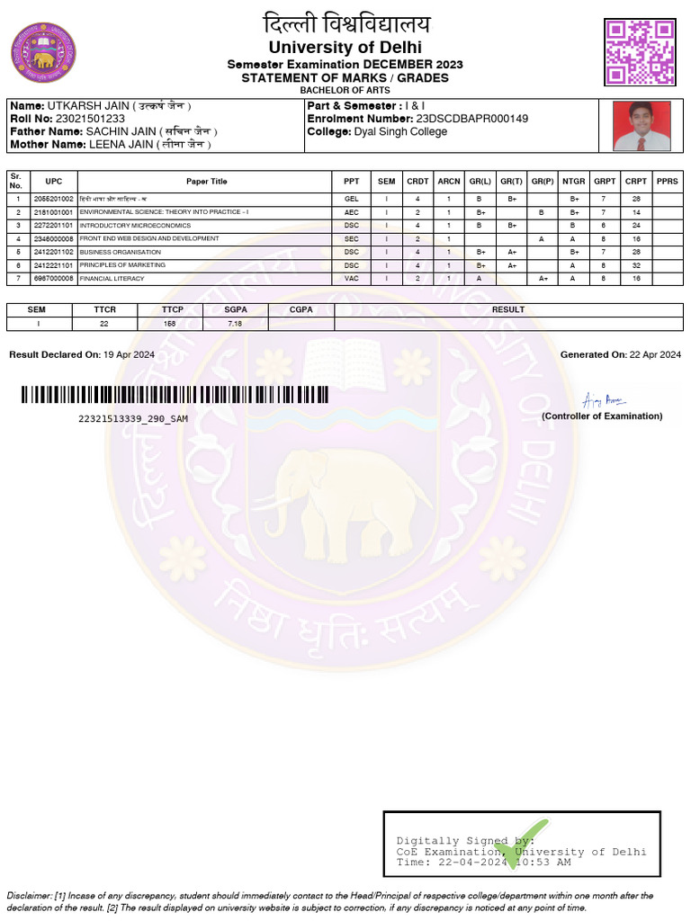 University of Delhi: Semester Examination DECEMBER 2023 Statement of ...