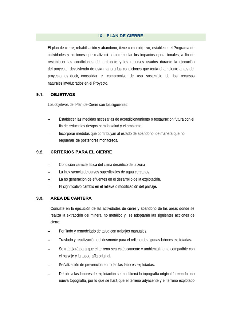 Plan De Cierre Y Rehabilitación Ambiental Pdf Residuos Entorno