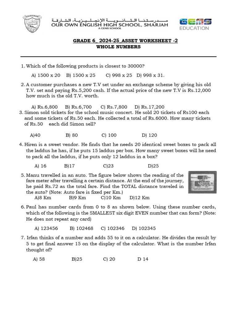 Gr6 - 2024-25 - Asset Worksheet 2 - Whole Numbers | PDF