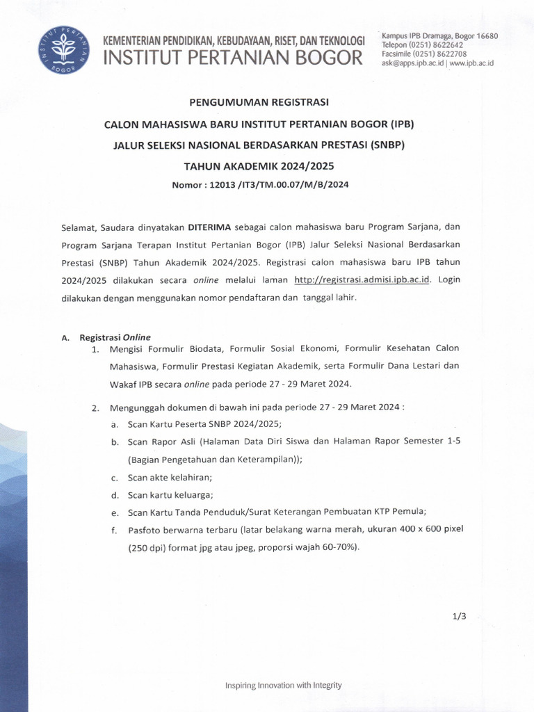 Pengumuman Registrasi IPB 2024 | PDF